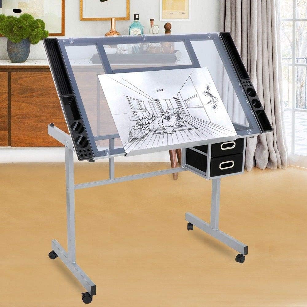 Amazon.com: Drawing Table Adjustable Rolling Drawing Drafting Table ...