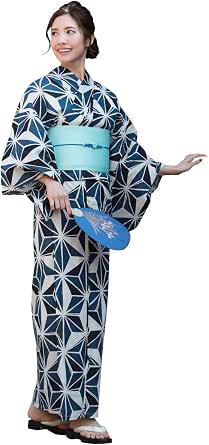 Amazon.co.jp: Brilliant Piece Women's Yukata Set, Navy Blue Hemp Leaves ...