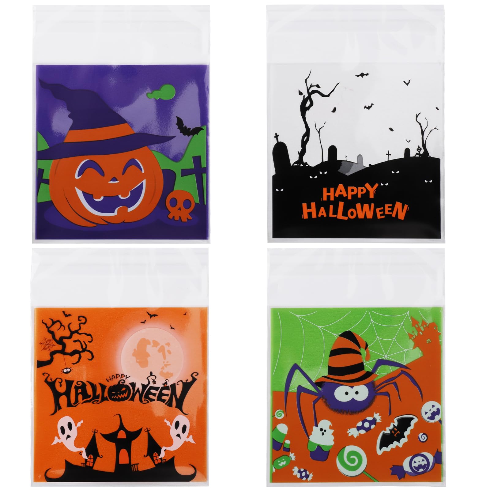 300pcs Halloween Candy Bags, 4-Style Halloween Self Adhesive Treat Bags ...