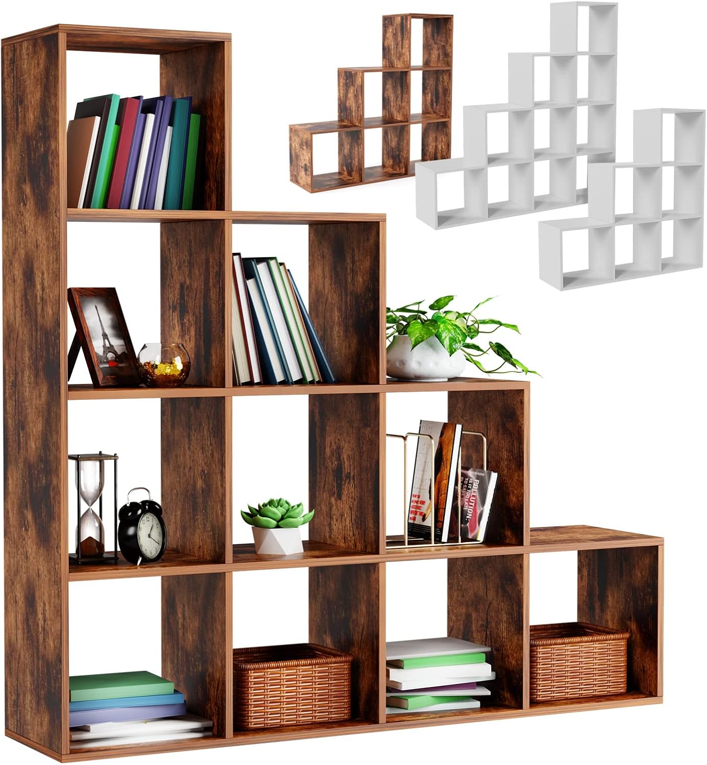 MIADOMODO® Stair Shelves - 6 / 10 Cube Compartments, White / Brown ...