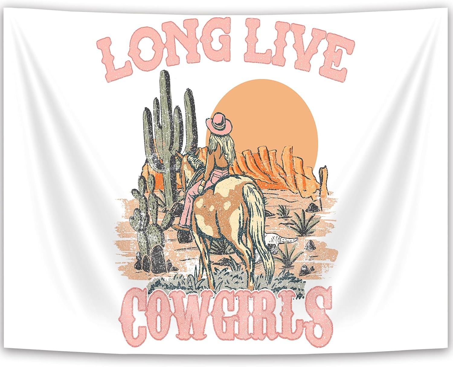 Western Tapestry, Vintage Country Cactus Sunset Mountain Riding Horse Wild West Desert Long Live ...