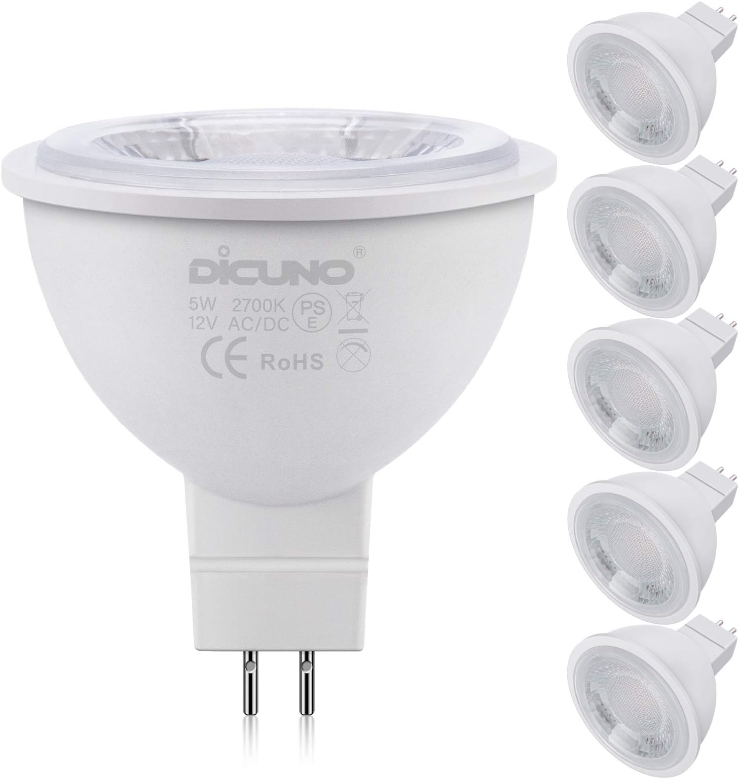 DiCUNO MR16 LED Bulb, GU5.3 5W Spotlight, 50W Halogen Equivalent, 500LM ...