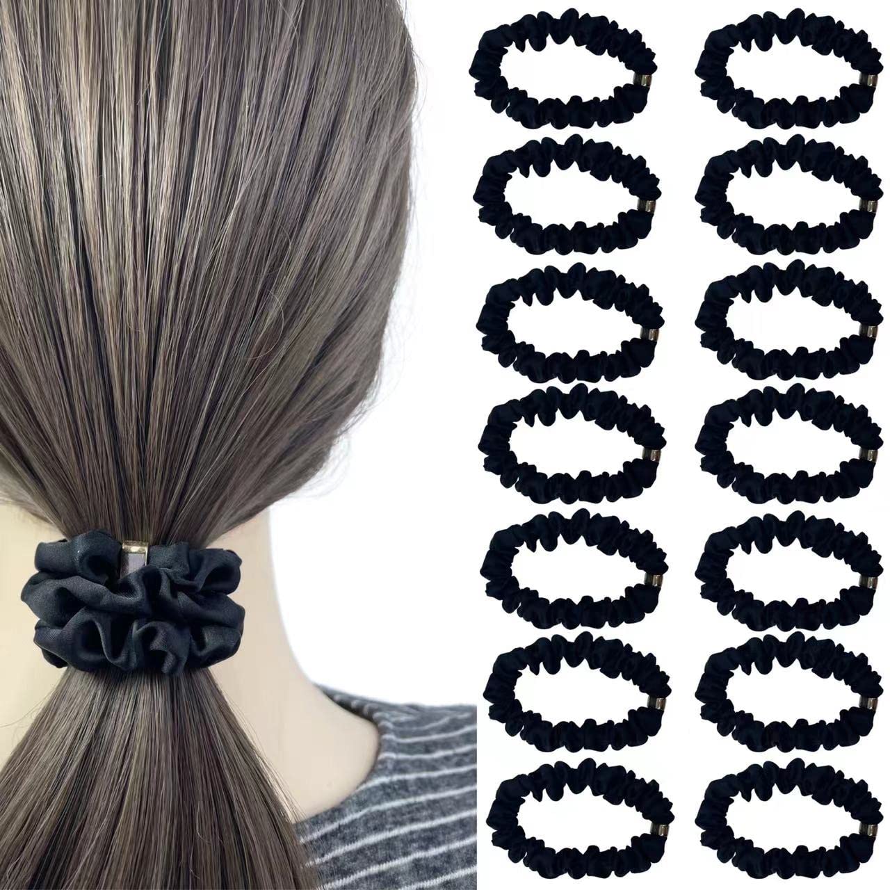 Firecolor Chic 16 PCS Black Scrunchies Fancy Skinny Satin Silk Scrunchy ...