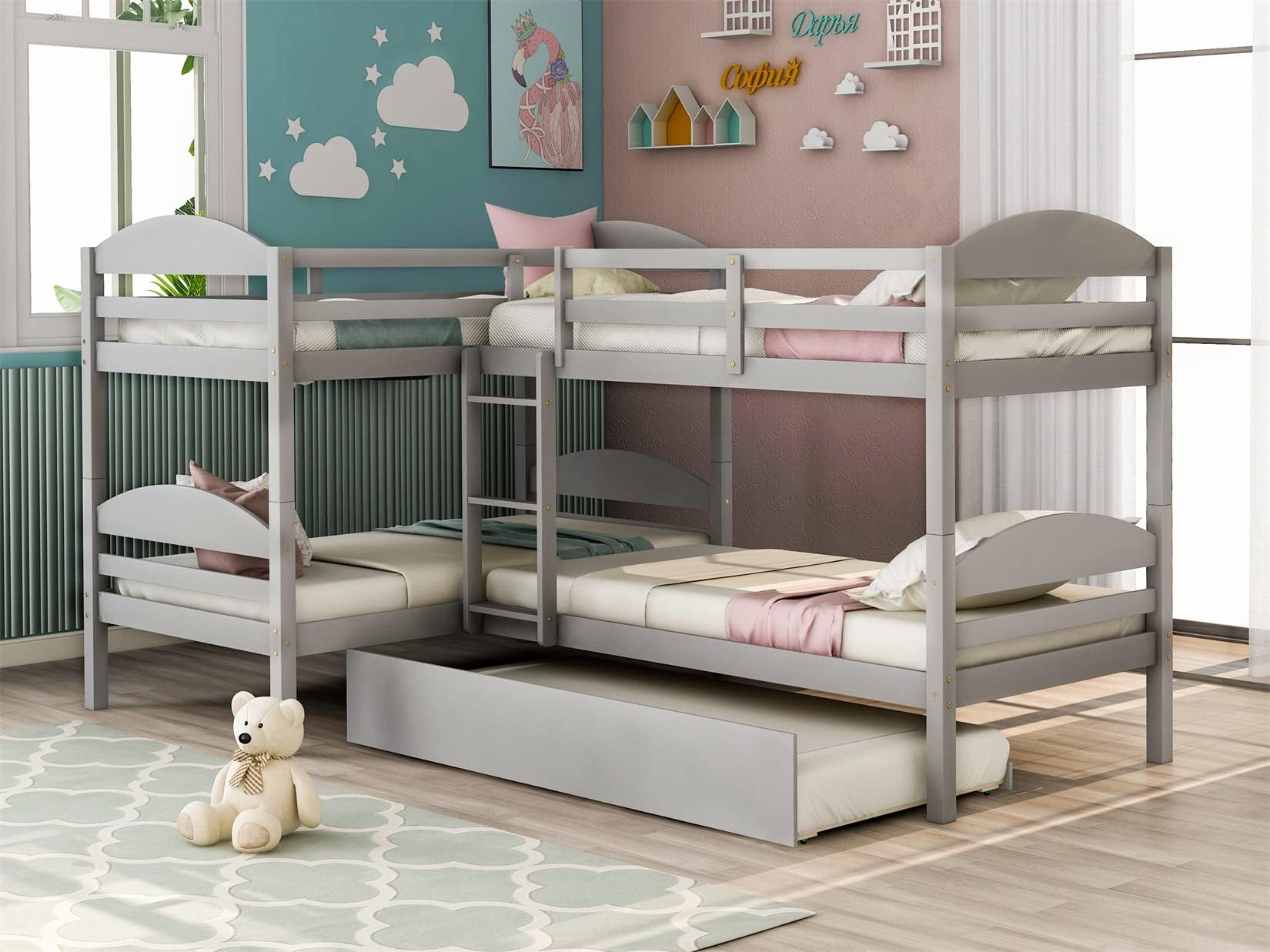 Amazon.com: RORIGAT Quad Bunk Bed with Slide, L Shaped Bunk Bed for 4 ...