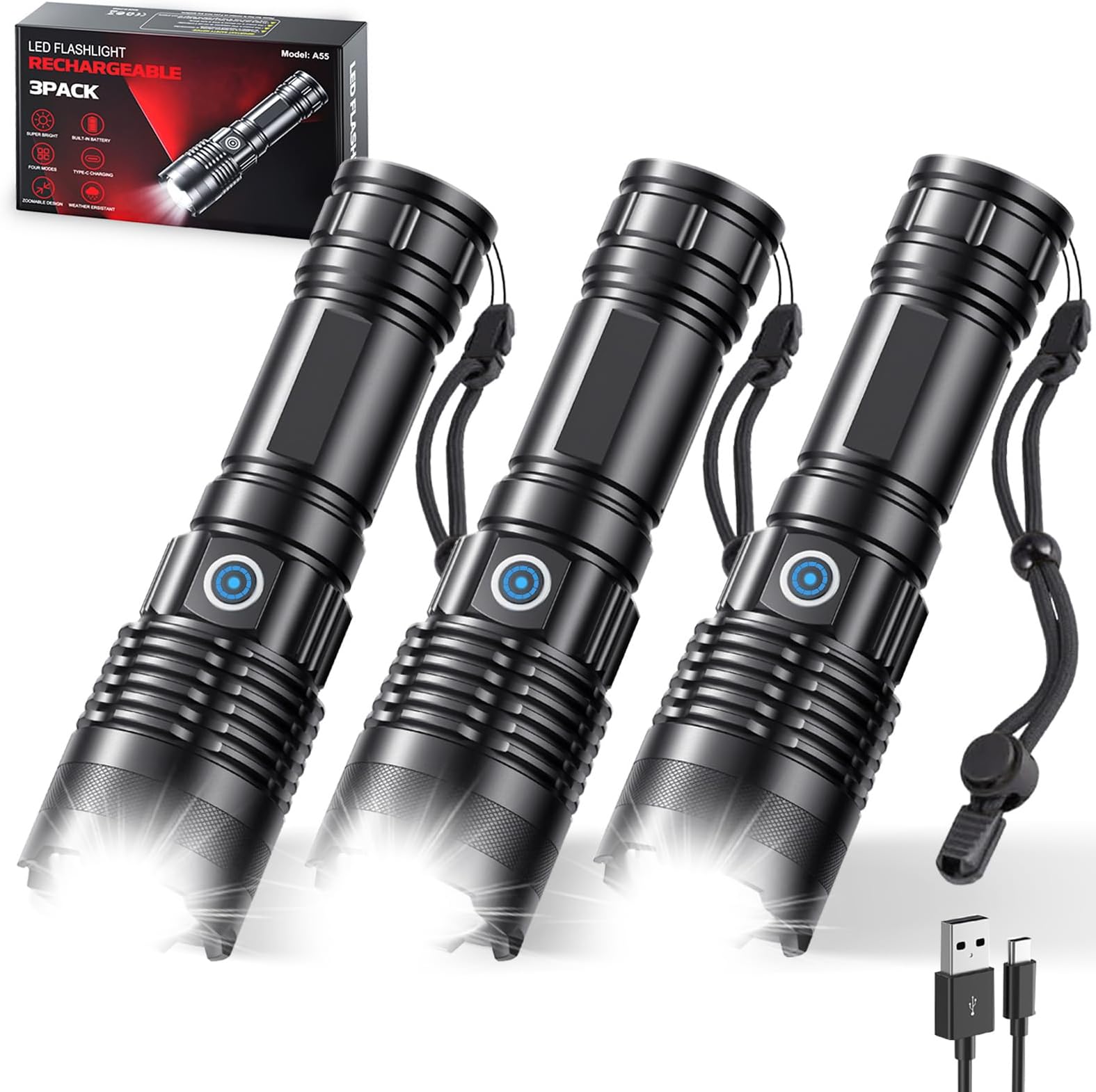 AURASEASON LED Flashlights High Lumens Rechargeable, 2 Pack 990,000 ...