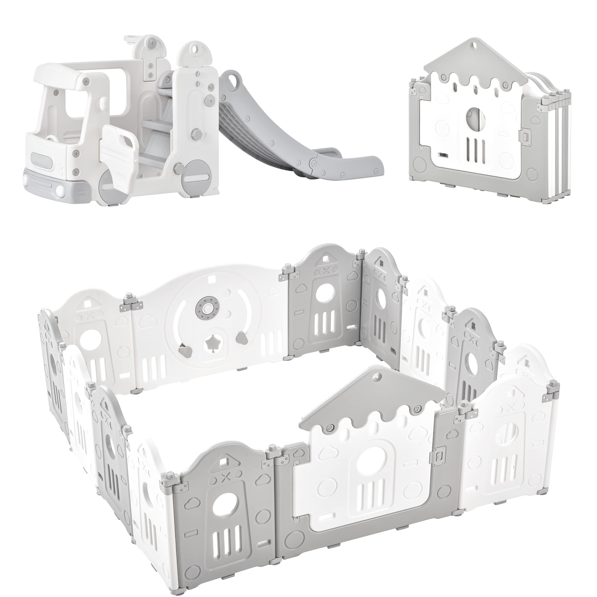 Buy Merax Foldable Baby Playpen with Slide, Portable 14-Panel Baby Gate ...