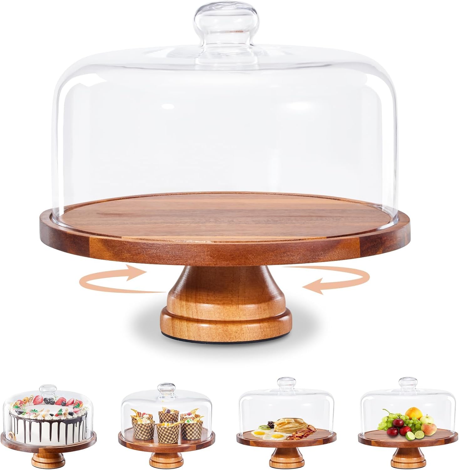 Yangbaga Glass Cake Stand with Lid,11in Wooden Rotating Cake Stand with Dome Cover, Cake Plate ...