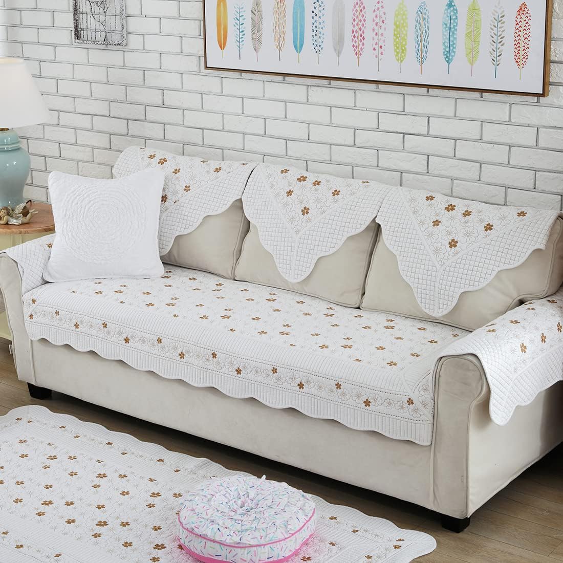 Amazon.com: Luxury home, Floral Embroidery Reversible Sofa Couch Cover ...