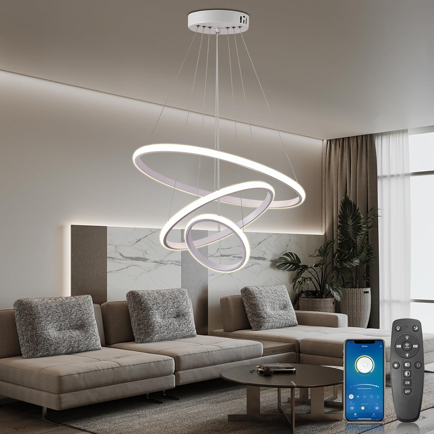 YOODI Moderne LED Pendelleuchte Esstisch, 3 Ringen LED Hängeleuchte 45W ...