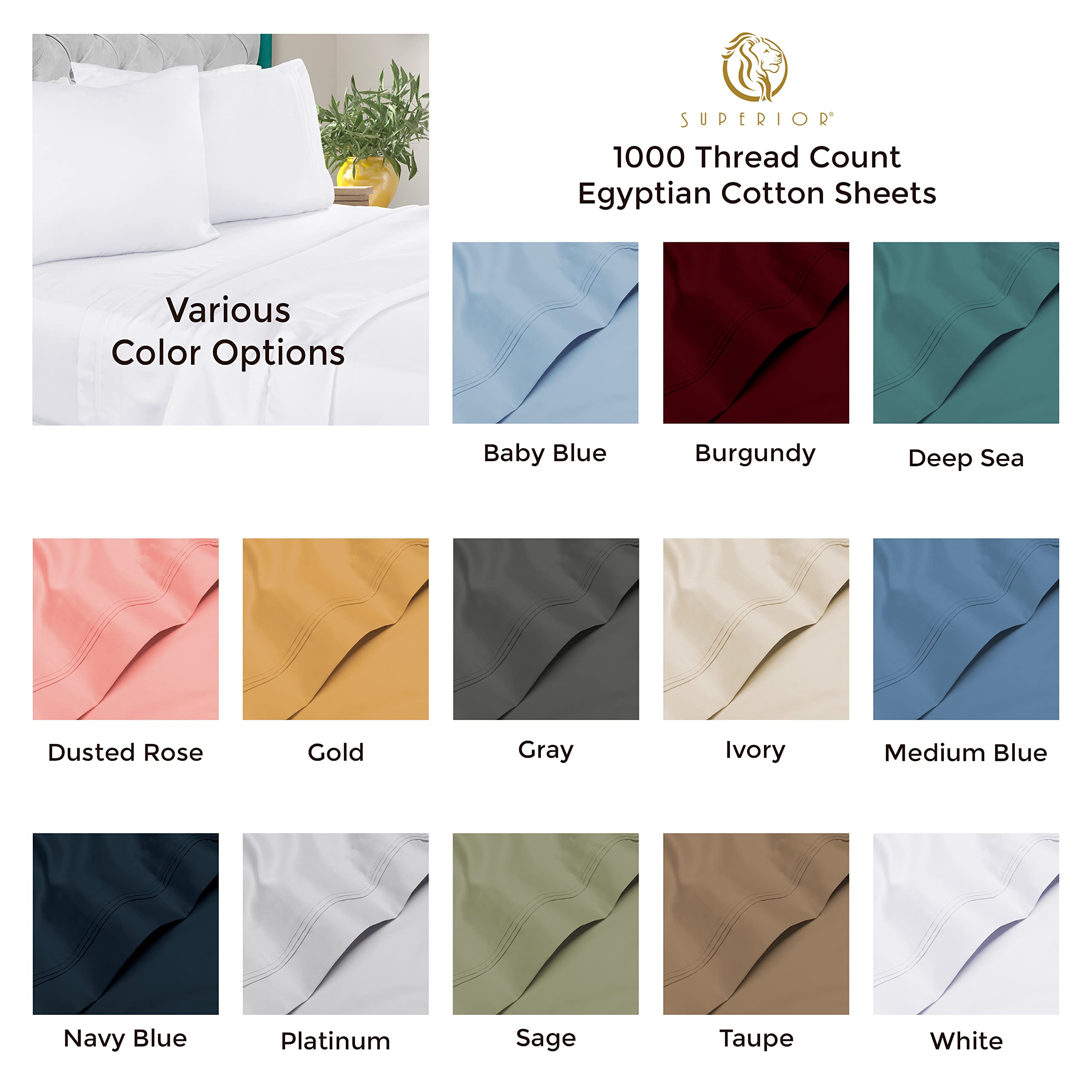 Superior 4-Piece Egyptian Cotton 1000 Thread Count Sheets Set, Bedroom ...