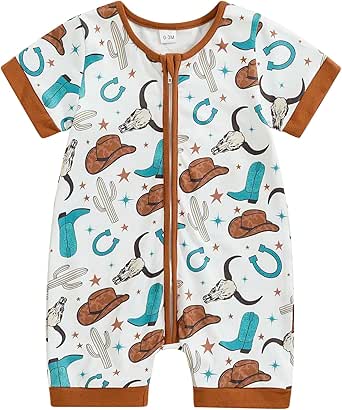 Amazon.com: Gueuusu Baby Boy Girl Country Clothes Western Cow Print Romper Short Sleeve Crewneck ...