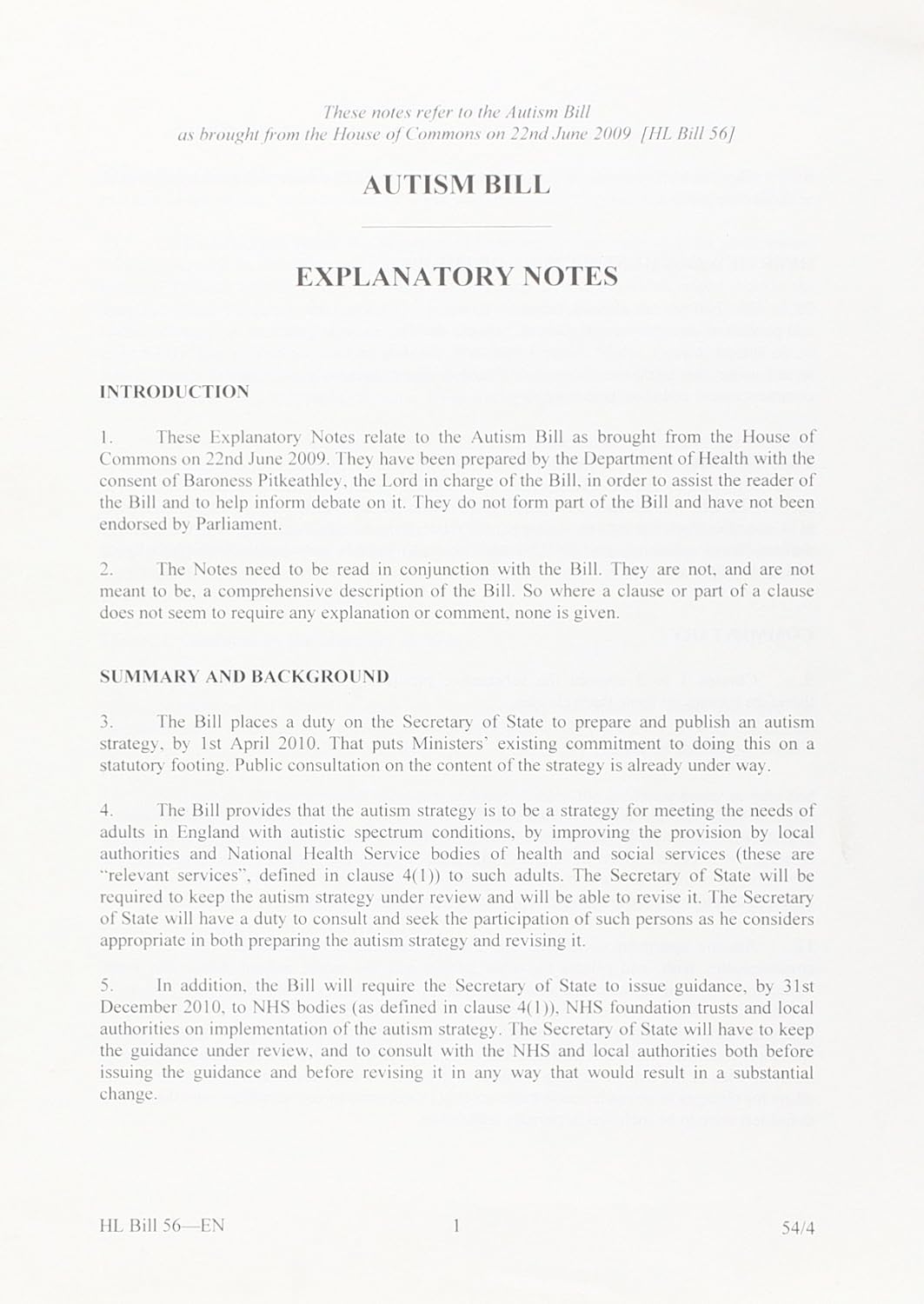 Buy Autism Bill: Explanatory Notes: Session 2008-09, 56-EN (House of ...