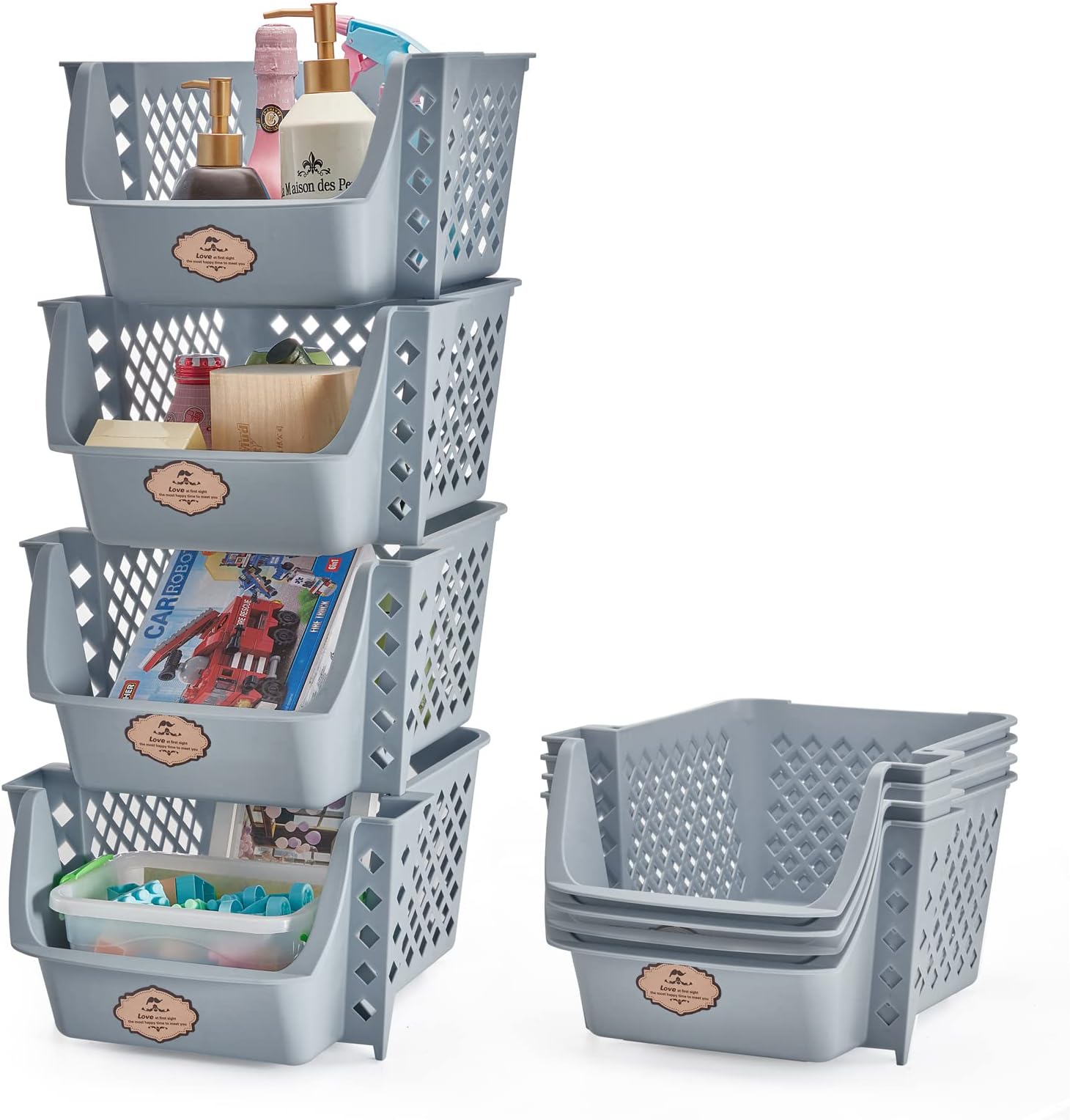 Amazon.com: Neadas 3 Tier Plastic Stackable Storage Baskets with Wheels ...