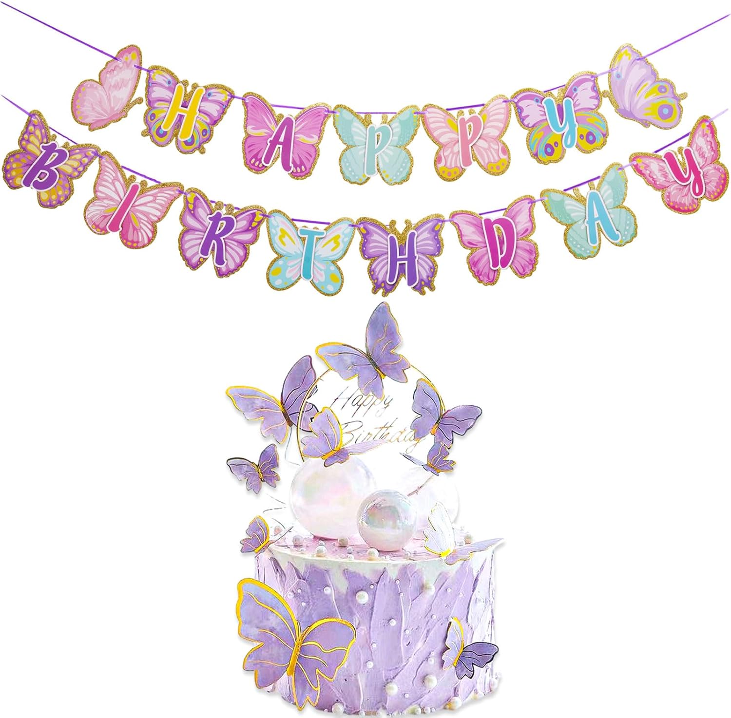 Amazon.com: Pink Purple Butterfly Birthday Decorations Butterfly Happy ...