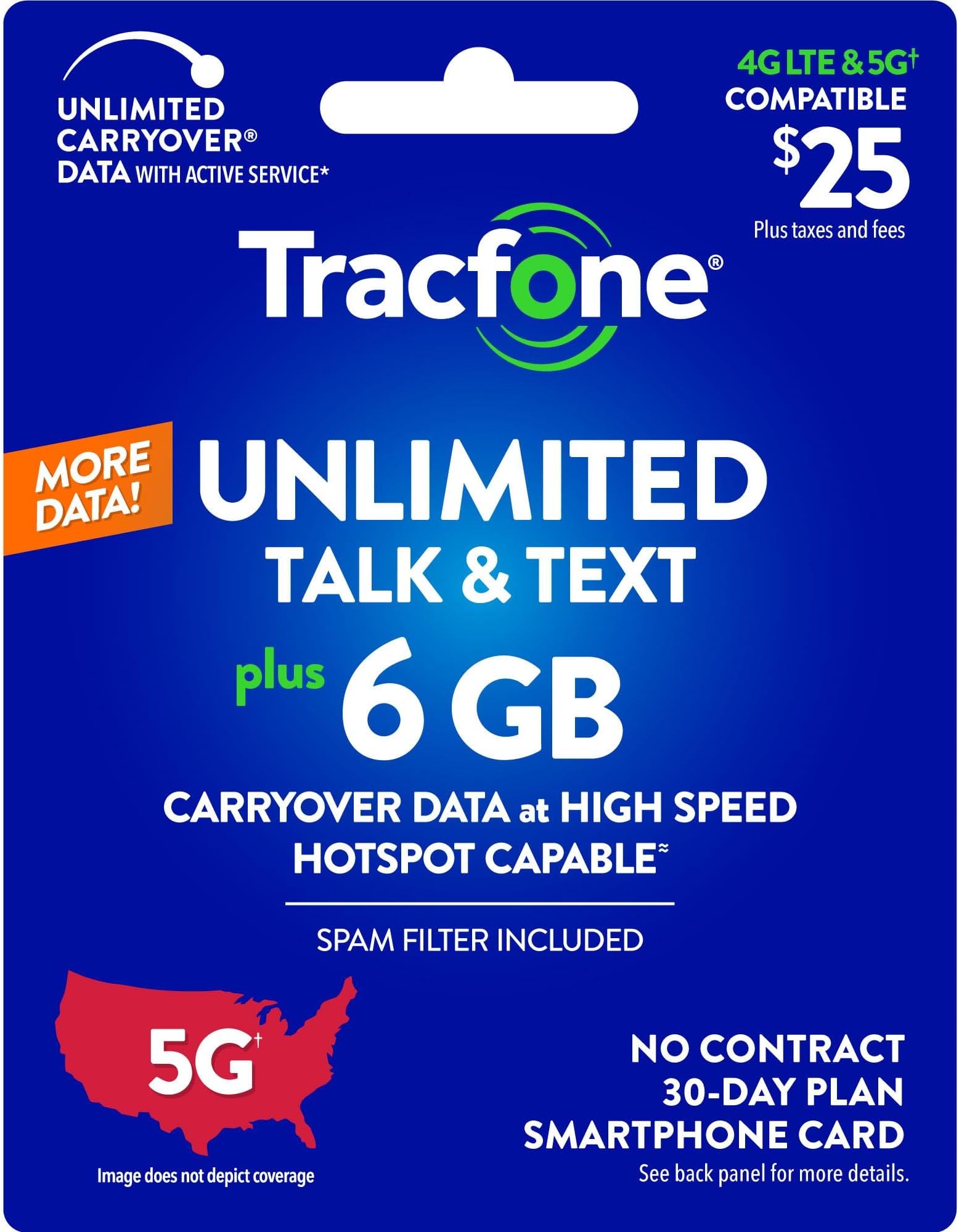 Amazon.com: Tracfone $25 Unlimited Talk & Text, 6 GB of Data / 30 Days ...