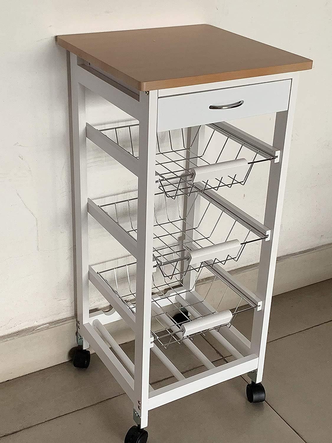 FEFE® Kitchen Trolley White/Grey Wooden 3 Tier Rolling Basket Organiser ...