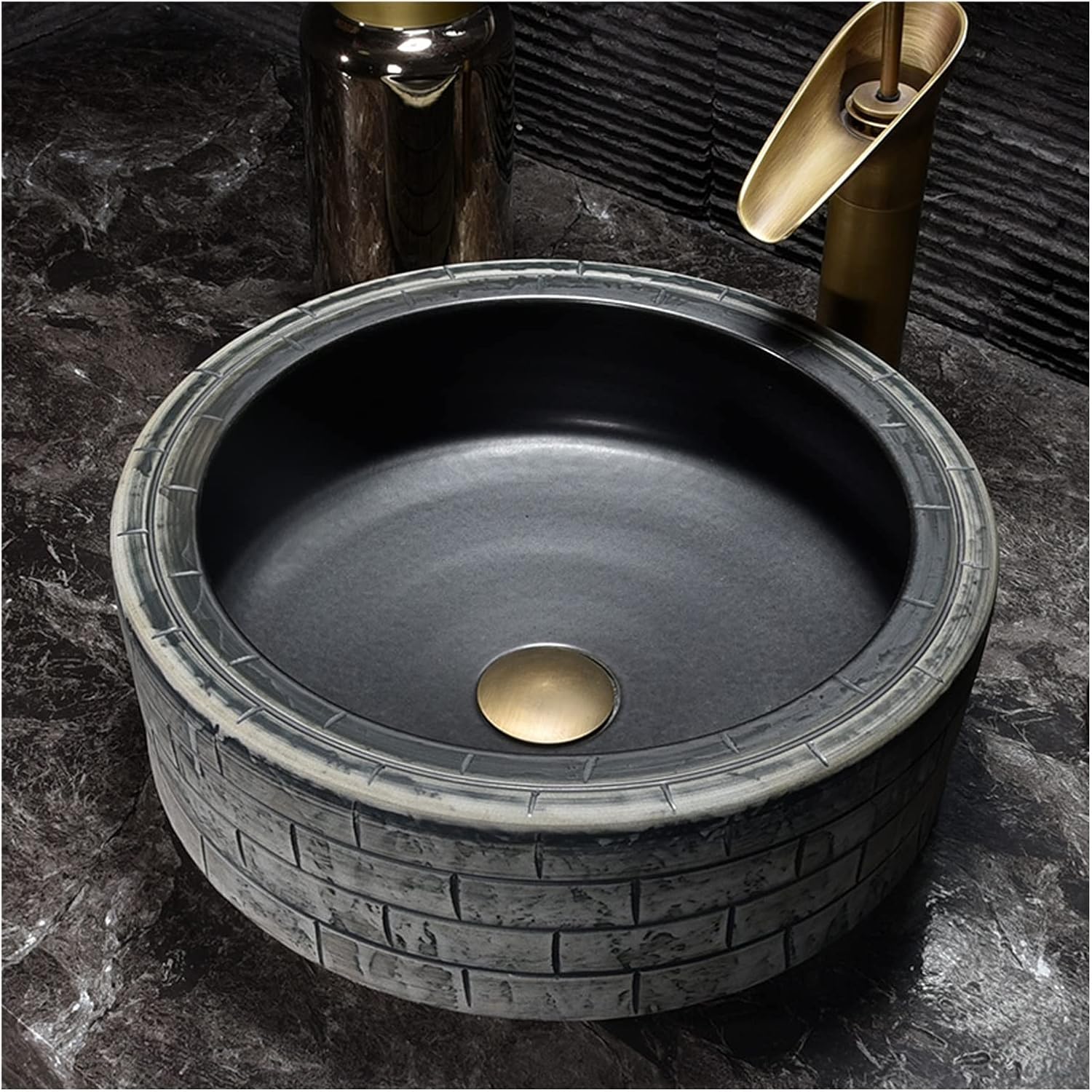 Vessel Sink, Brick Textured Ceramic Above Counter Artistic Sink Bowl ...