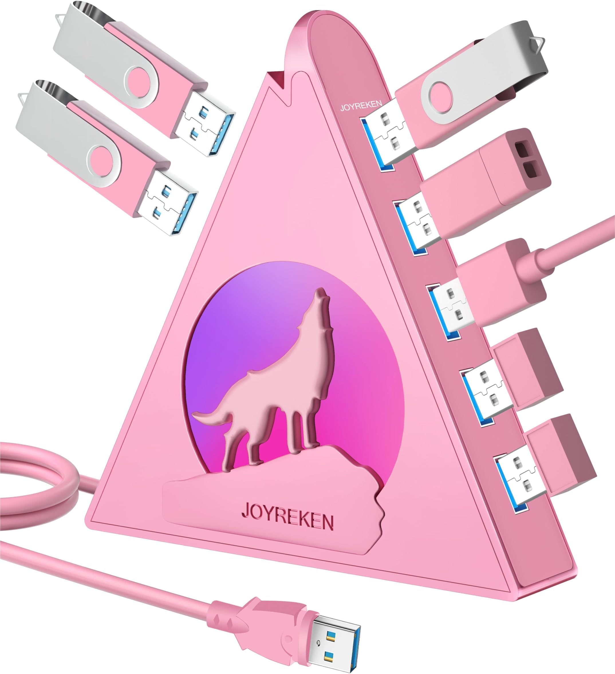 JoyReken 7 USB 3.0 Ports, Howling Wolf Pink USB Hub - 2FT Long Cable ...