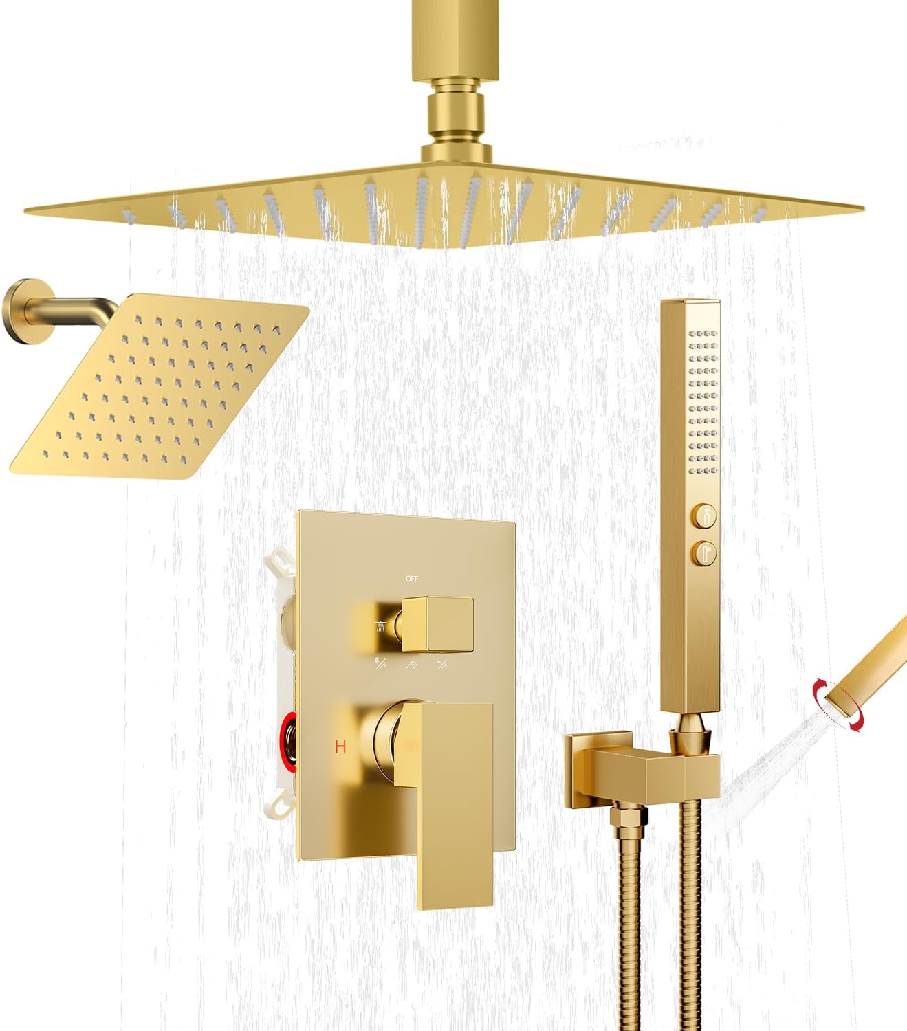 Bostingner Shower System Brushed Gold Shower Faucet Set,Five Functions Knob Diverter Rainfall ...