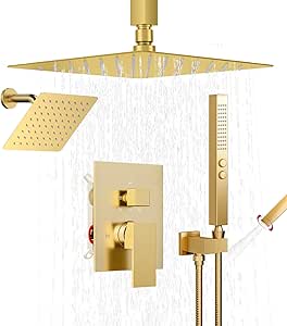 Bostingner Shower System Brushed Gold Shower Faucet Set,Five Functions Knob Diverter Rainfall ...