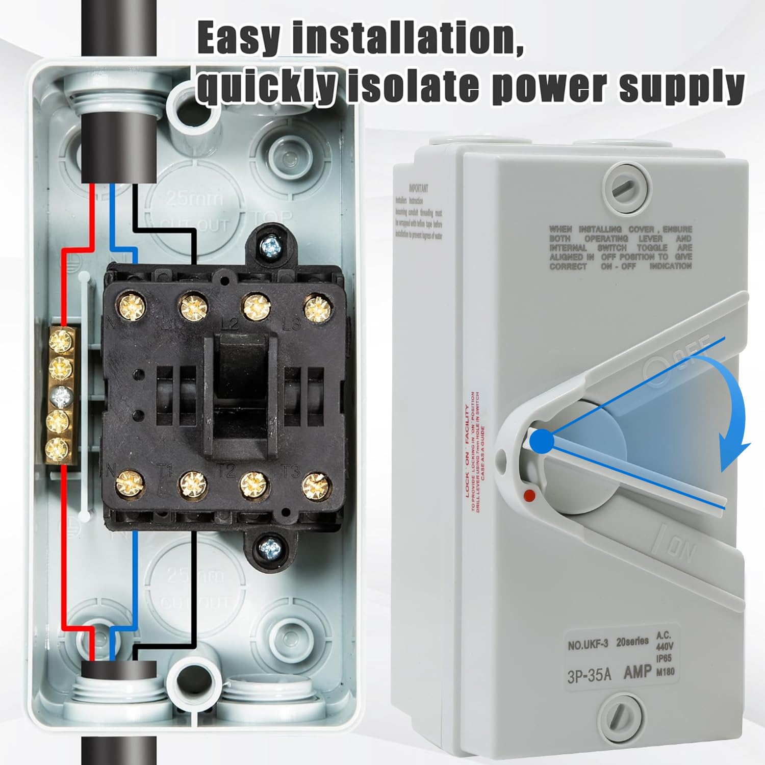 Ip65 Waterproof Disconnect Box 35A 440V AC 3-Pole Enclosed Disconnect ...