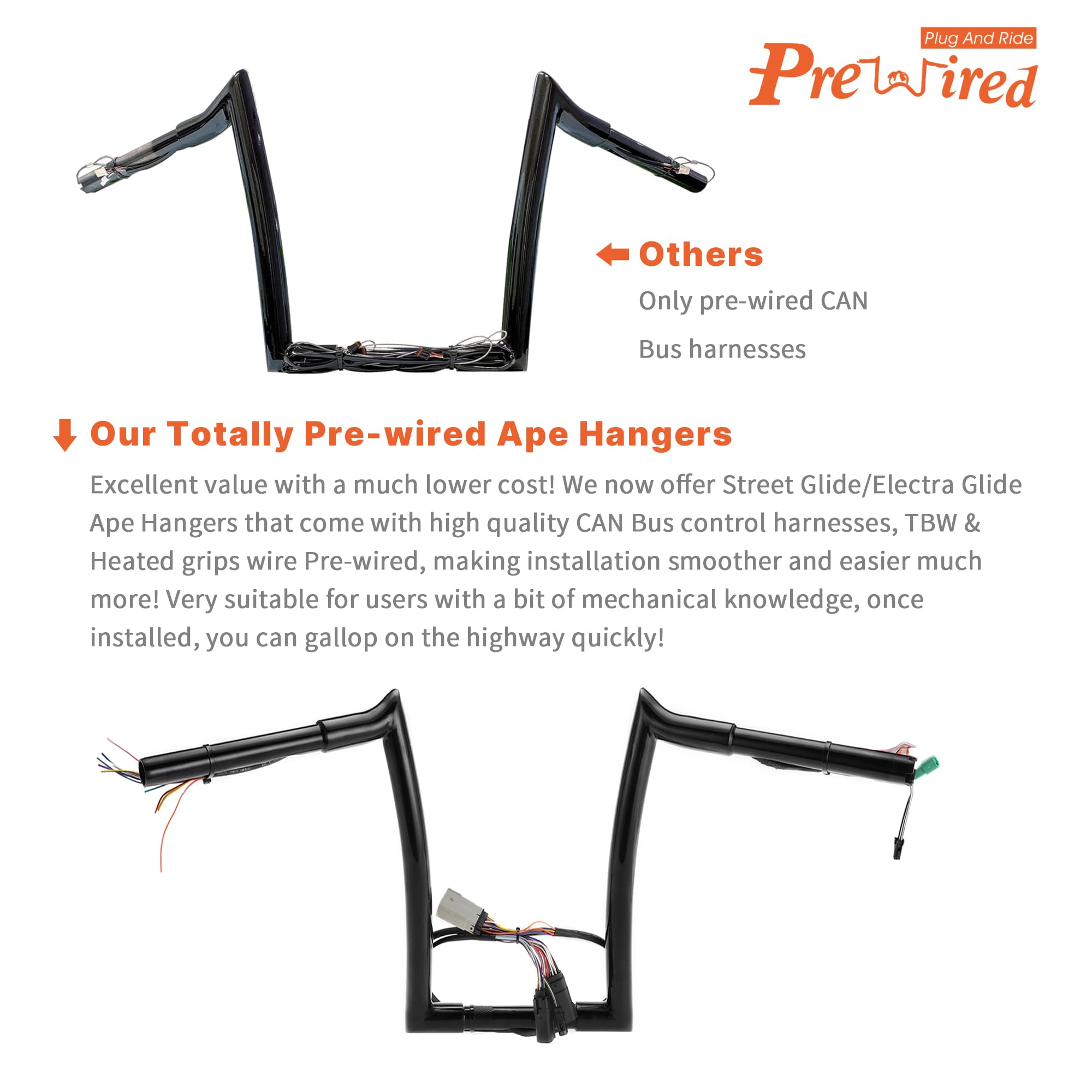 Snapklik.com : Prewired 16" Rise Pre-wired Ape Hangers 2008-2013 Road ...