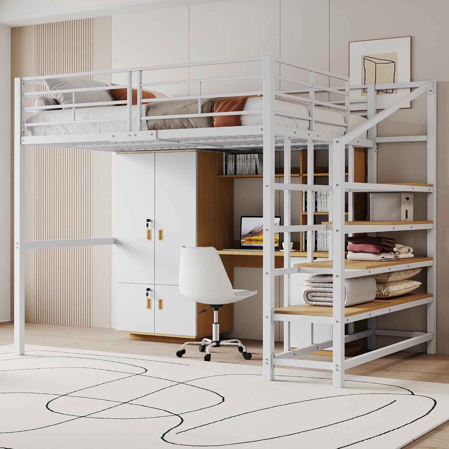 Merax Métal Lit Mezzanine 140 x 200 cm avec Étagère, Multifonctionnel ...