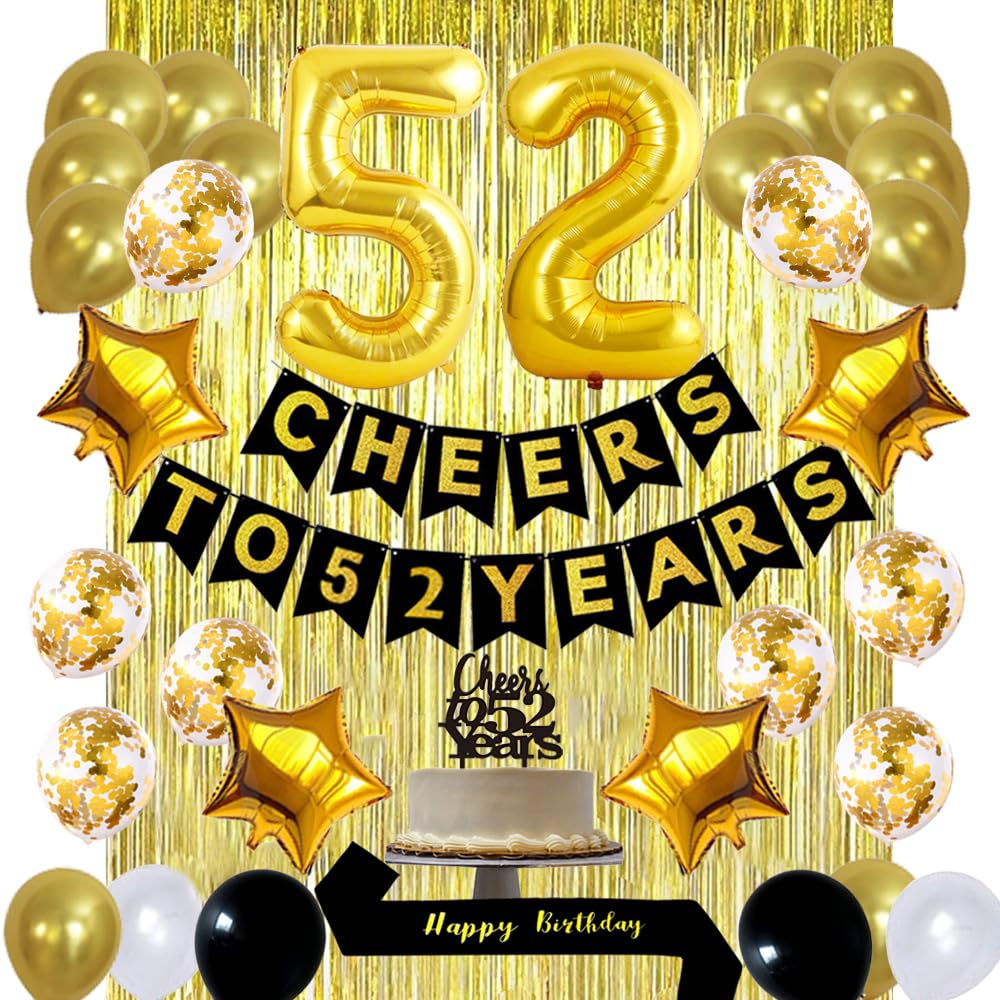Amazon.com: Gold 52nd Birthday Decorations Kit, Cheers To 52 Years ...