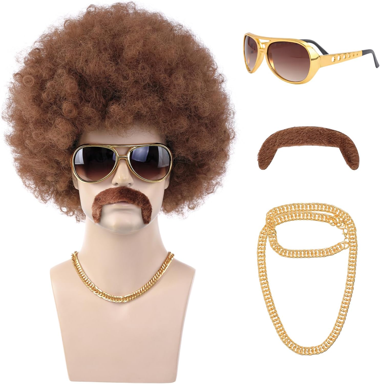 Amazon.com: morvally 70s Brown Afro Wig for Men with Glasses Chain and ...