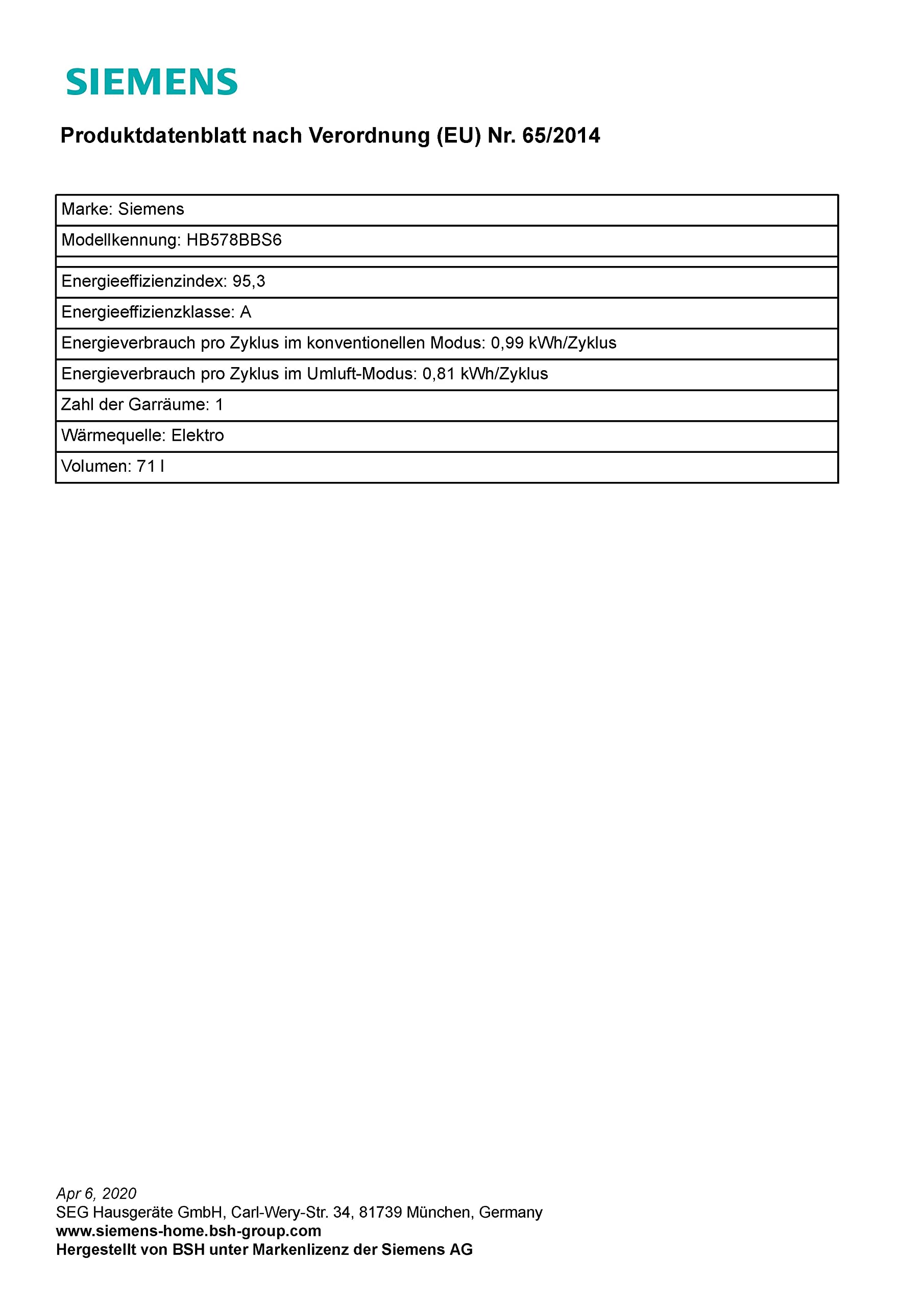 Siemens HB578BBS6 iQ500 Einbau-Backofen / Smart Home kompatibel via ...