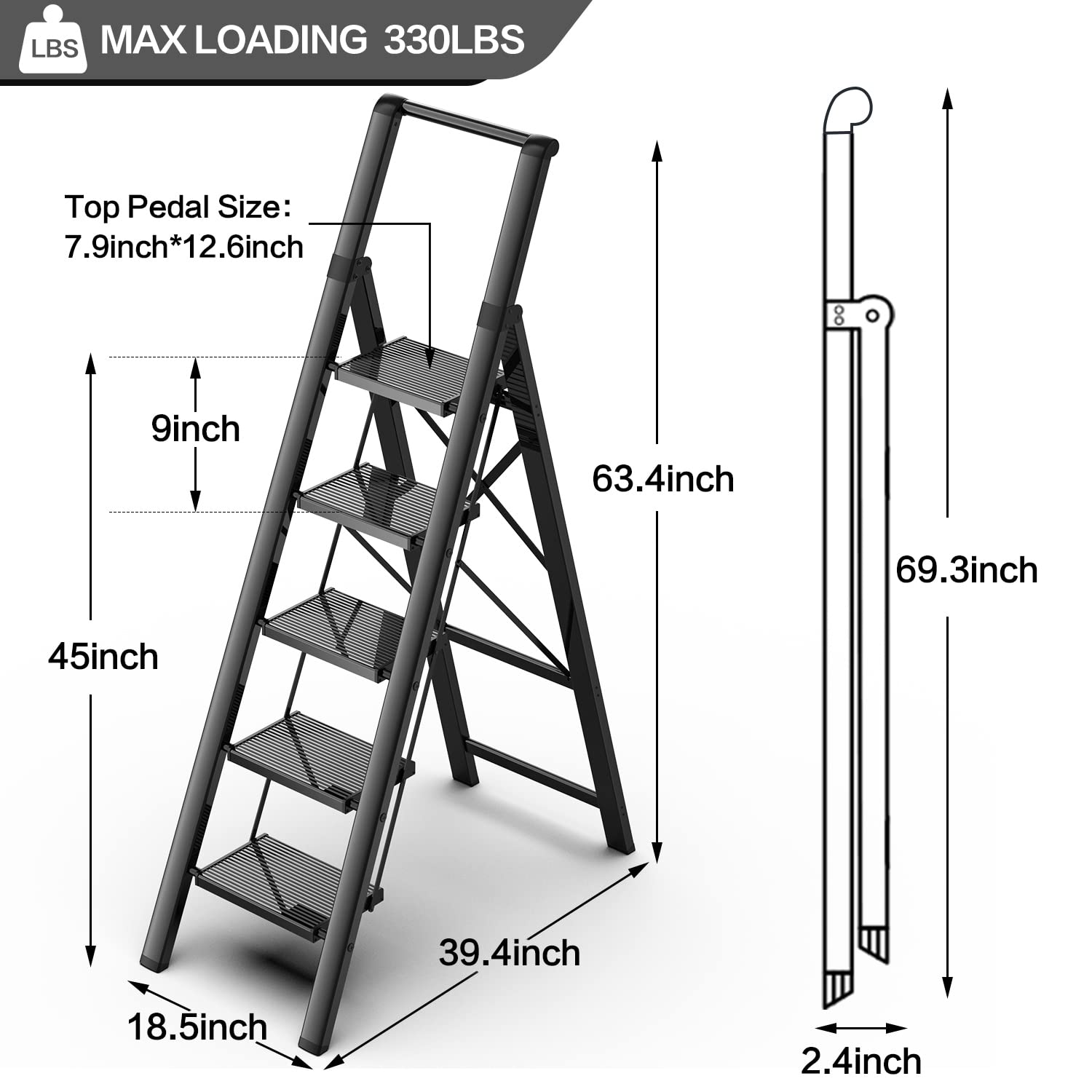 GameGem 5 Step Ladder, Aluminum Folding Step Stool with Anti-Slip ...