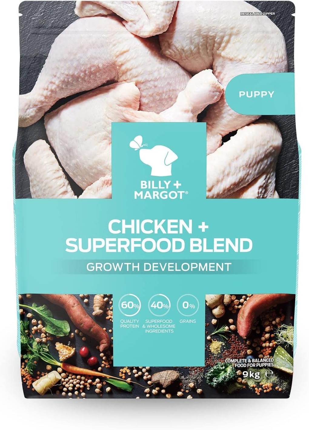 Billy + Margot Puppy Food, 9kg, All Natural Chicken Grain Free Dry Dog ...