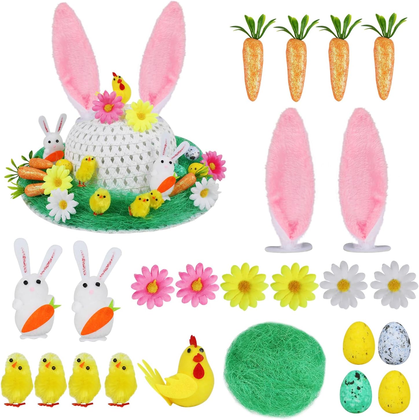 Amazon.com: KIMOBER Easter DIY Bonnet Hat Kit,Make Your Own Bunny Flower Straw Hat with Carrots ...