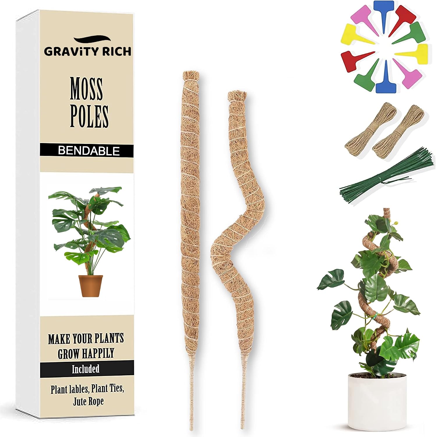 Amazon.com : Gravity Rich Bendable Moss Poles, 27-inch Pack of 2 Coco ...