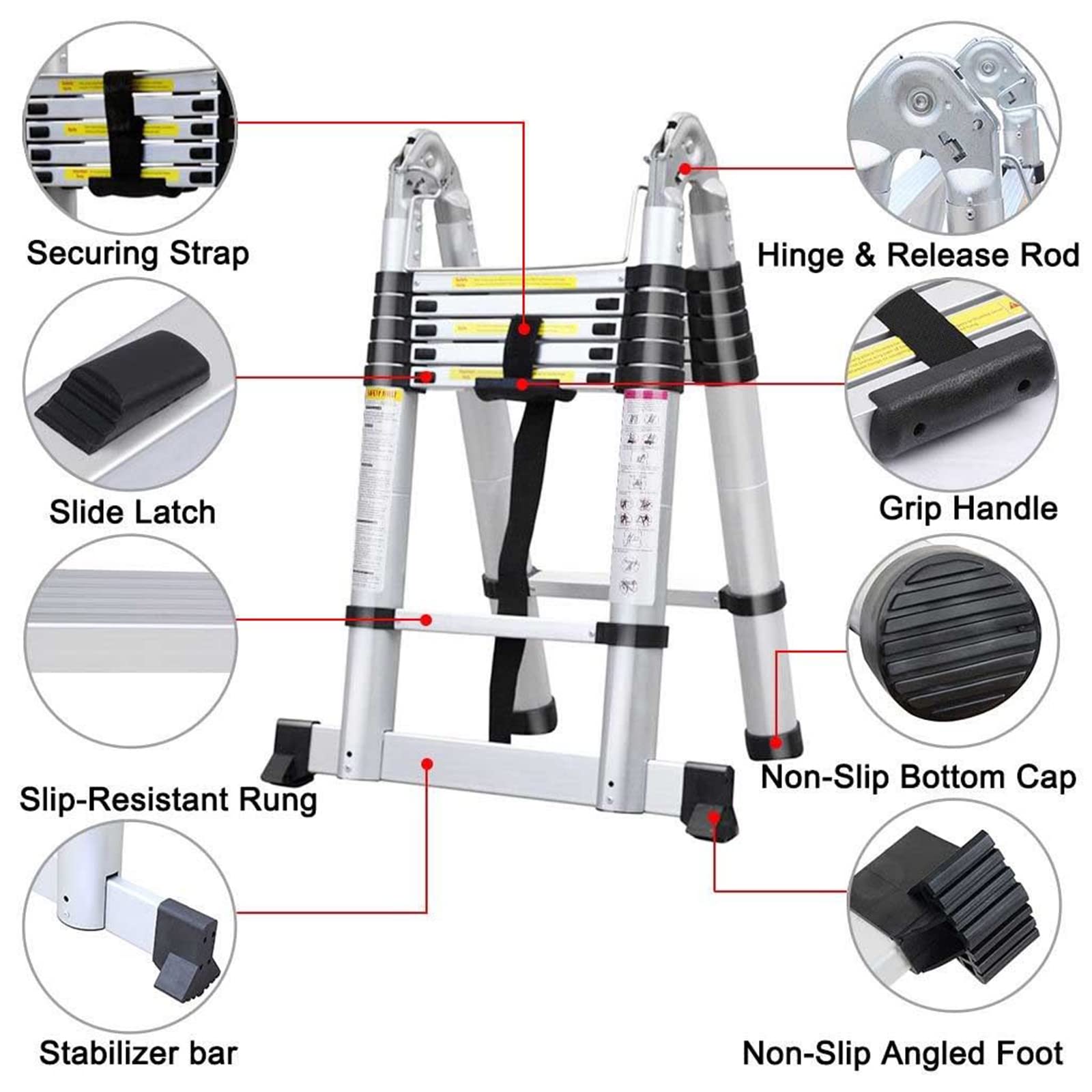 Telescopic 5M/16.5FT Aluminium Extension Ladder, Folding Step Ladder ...