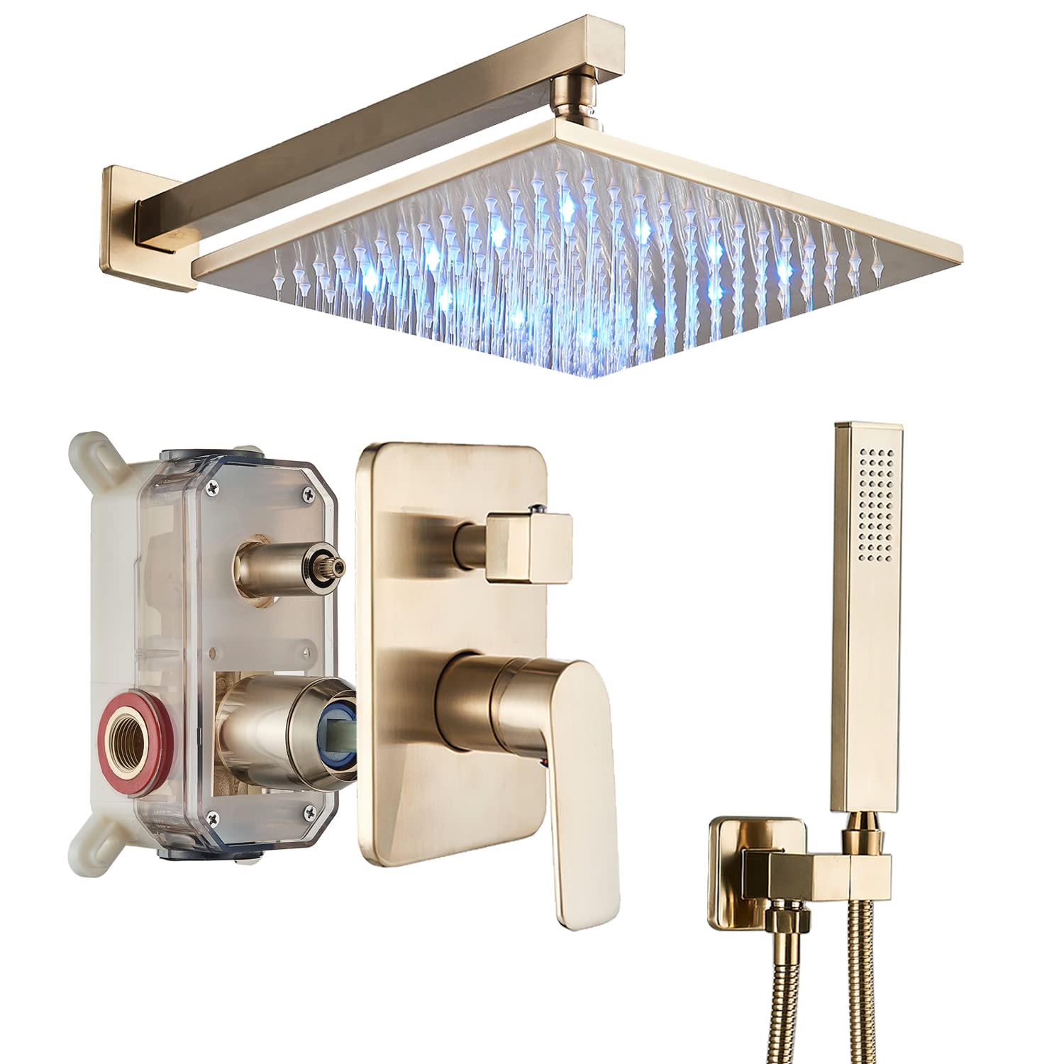 Saeuwtowy Brushed Gold Rain Shower System with 12 Inch LED Shower Head ...