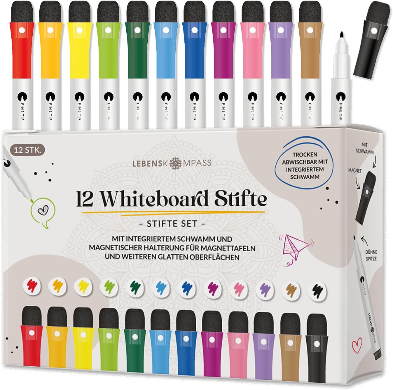LEBENSKOMPASS Whiteboard Marker 12er Set - langlebige Whiteboard stifte ...