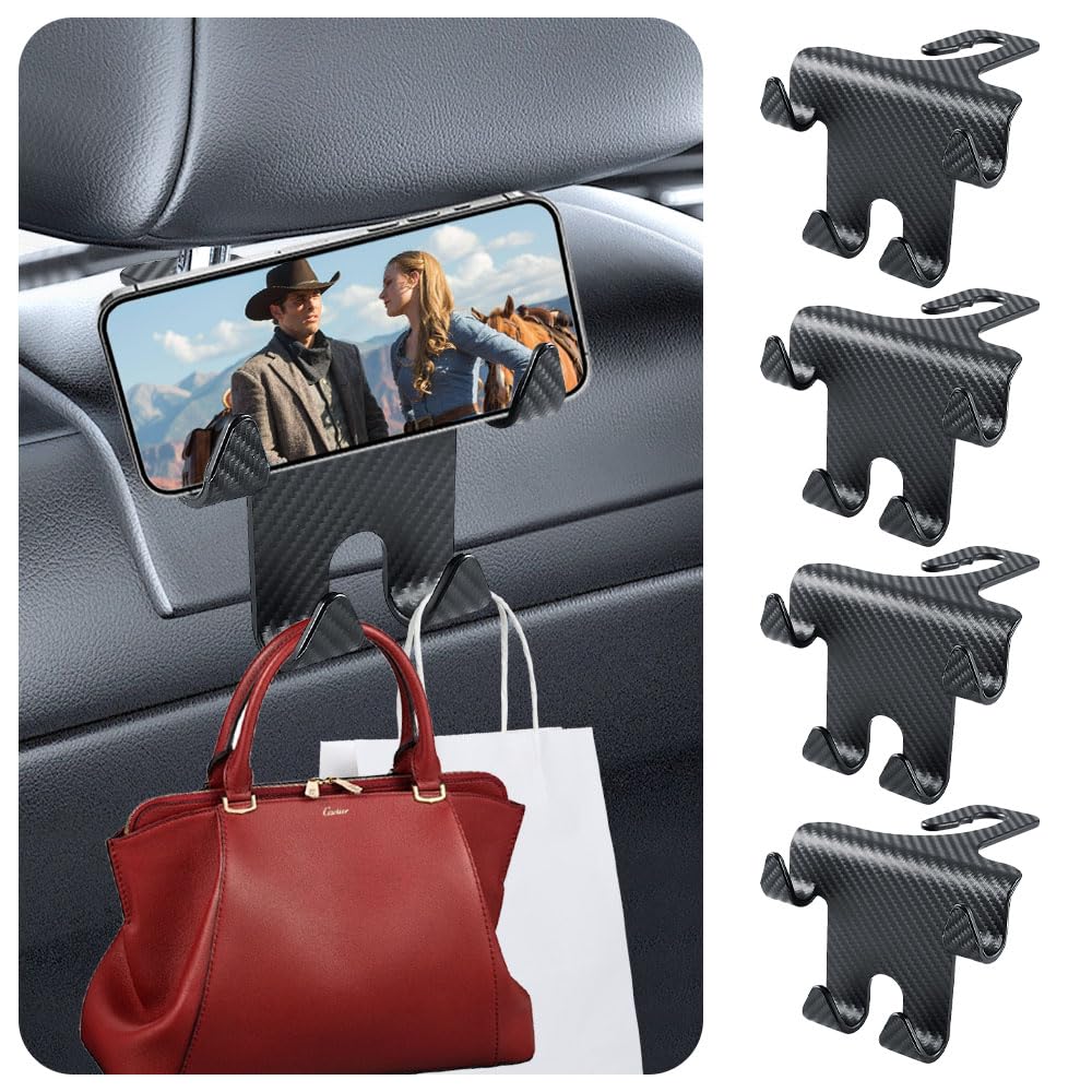 Amazon.com: 4PCS Headrest Hooks for Car,2-in-1 Carbon Fiber Purse ...