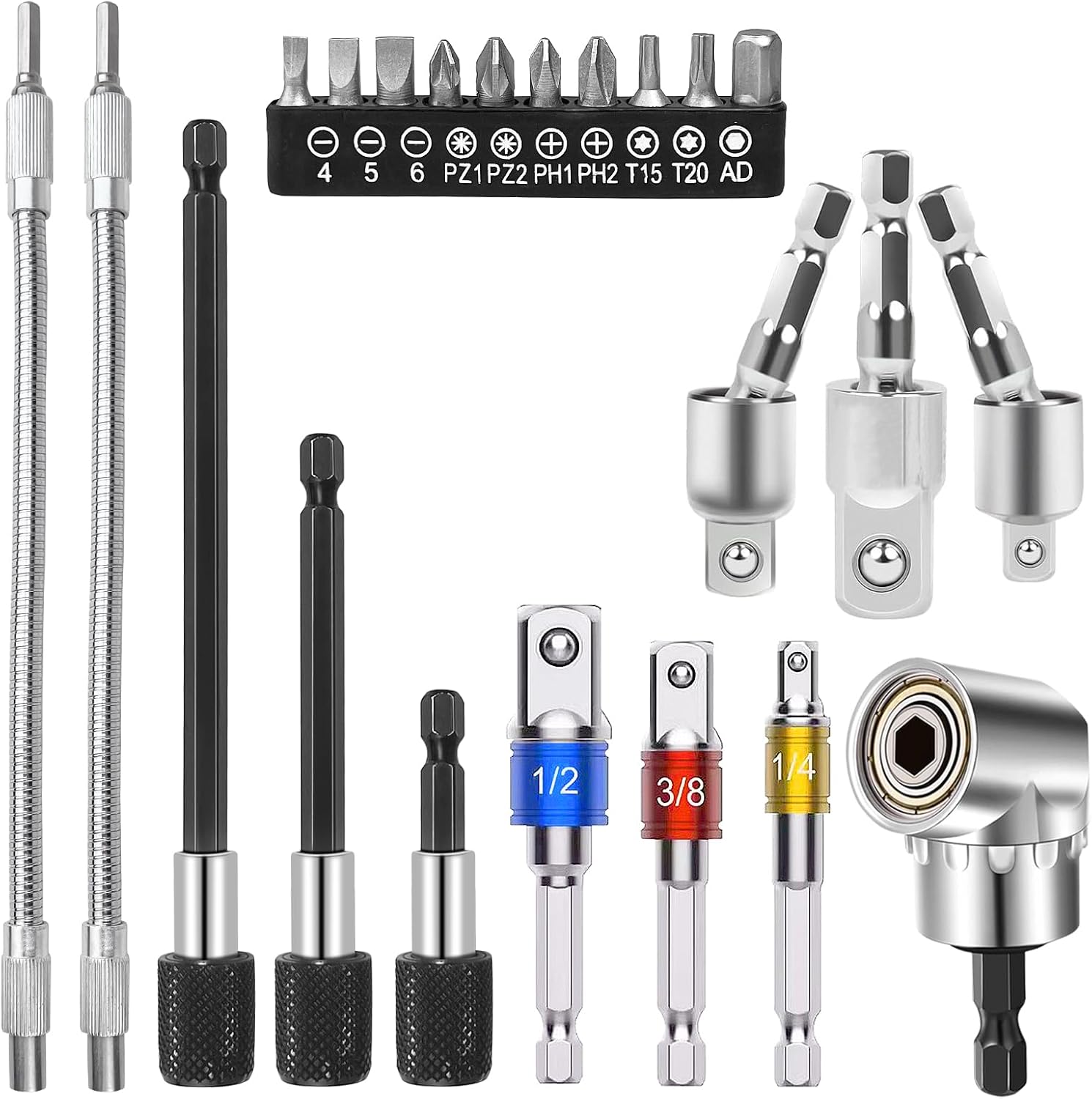 Flexible Drill Bit Extension Set - Right Angle Drill Attachment ...