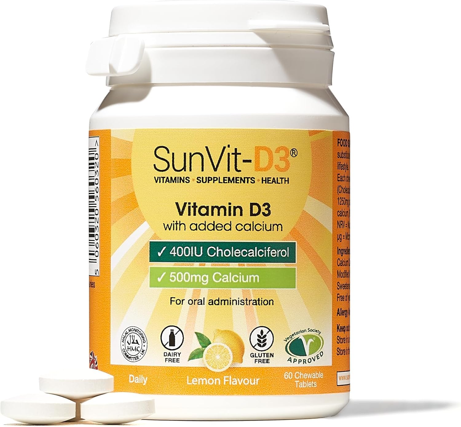SunVit-D3 Vitamin D3 400IU with Added 500mg Calcium Lemon Tablets ...