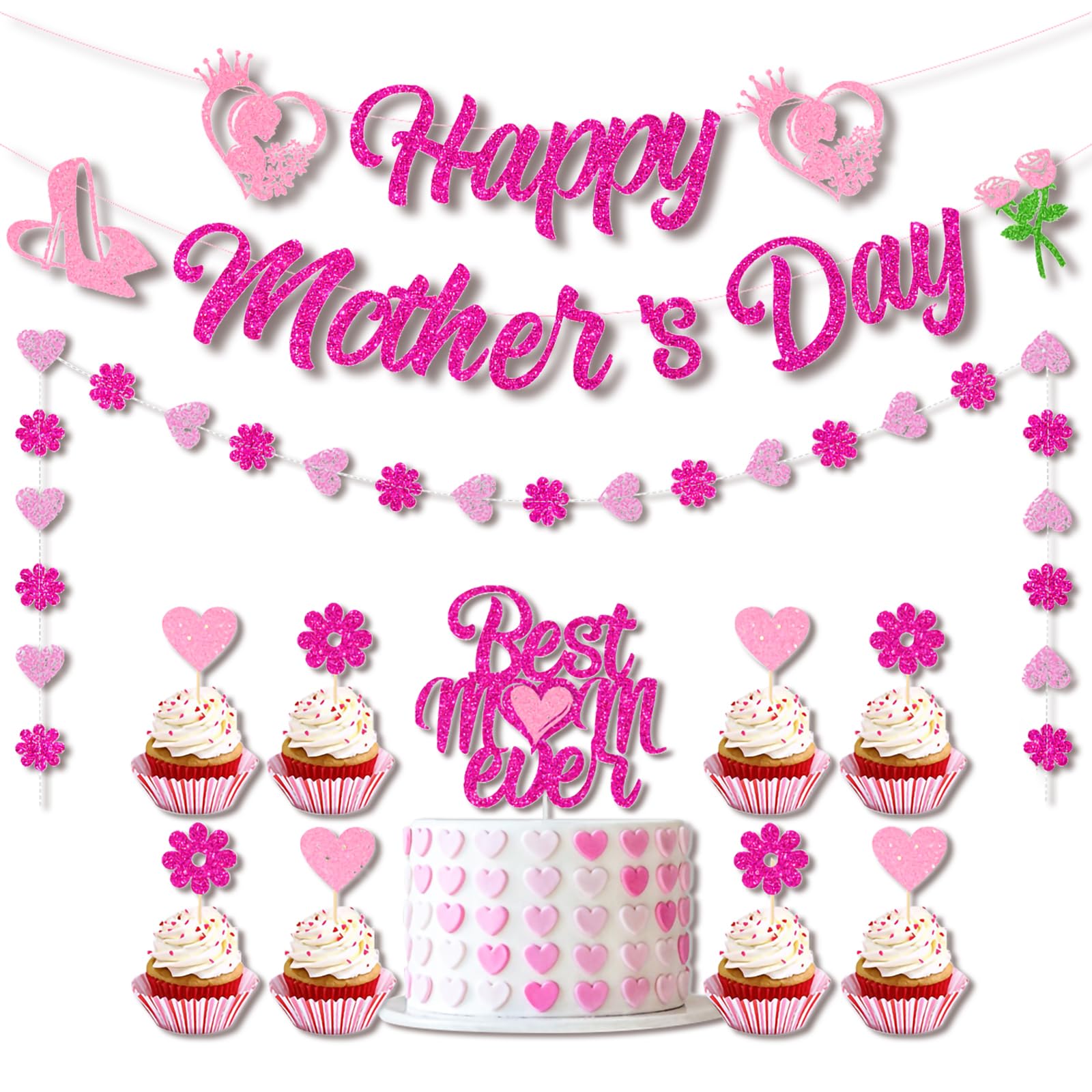 Snapklik.com : Happy Mothers Day Decorations Set Of 4, Pink Glitter ...