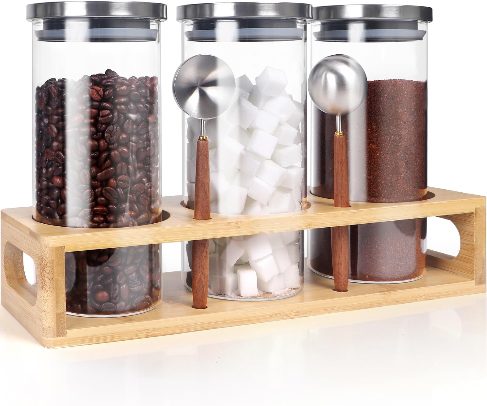 Amazon.com: EQEY Glass Coffee Canister Set with Shelf & Spoons 3 Piece ...