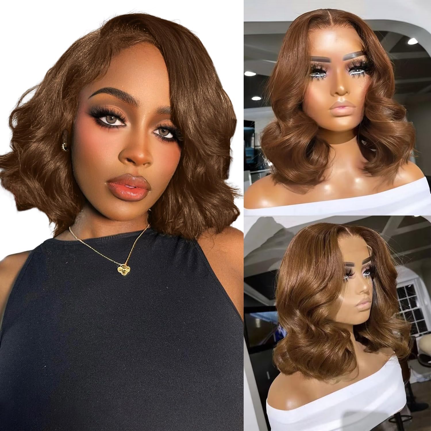Amazon.com : 13x4 Bob Wig Human Hair Short Chocolate Brown HD Lace ...