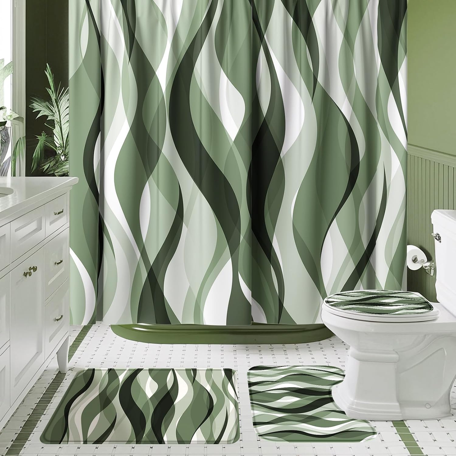 Amazon.com: Koveni 4PCS Green Shower Curtain Set 72x72 Inch with Hooks ...