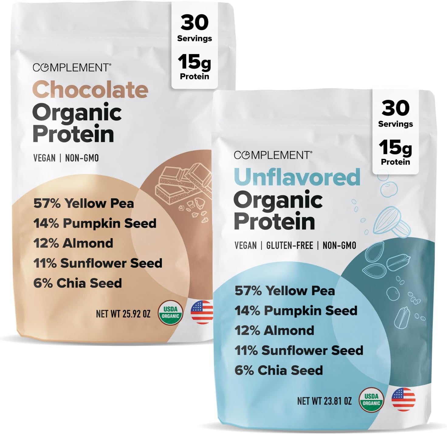 Amazon.com: Complement Organic Vegan Protein Powder Bundle – Unflavored & Chocolate (30 Servings ...