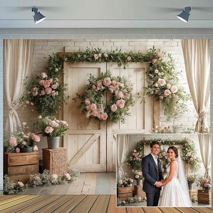 Amazon.com : 10X8ft Country Wedding Backdrop Pink Floral Rustic Roses ...