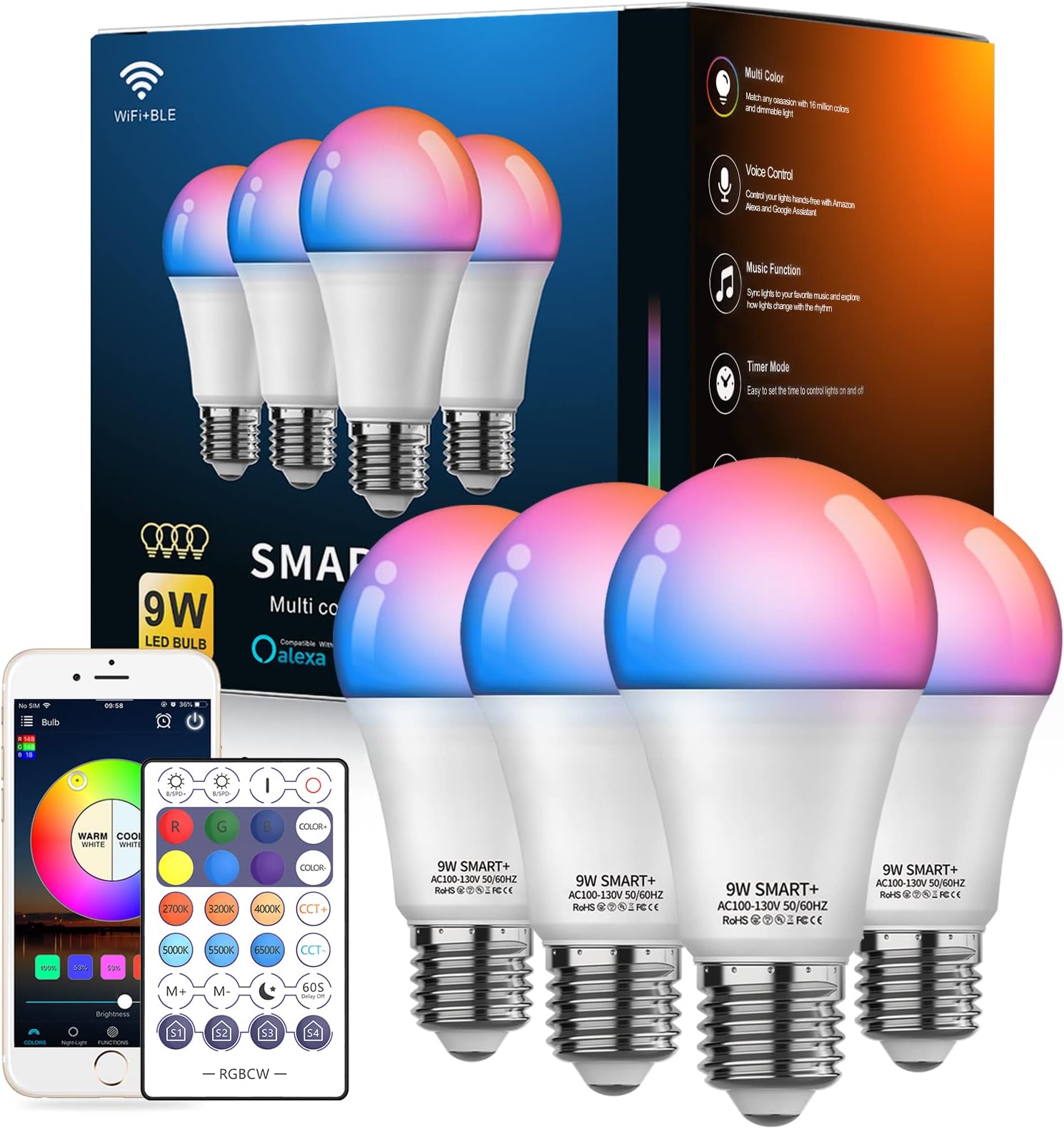 Yangcsl LED Color Changing RGB Light Bulb with Remote 40W Equivalent ...