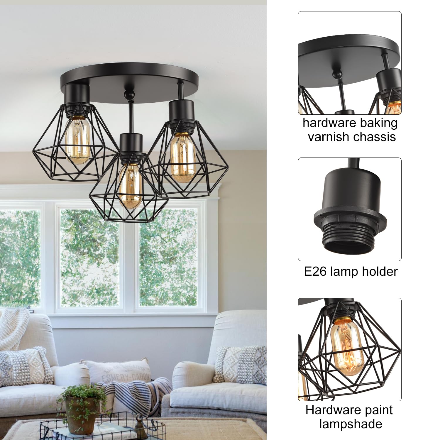 Industrial Cage Ceiling Light Industrial Loft Black Metal Cubist Cage