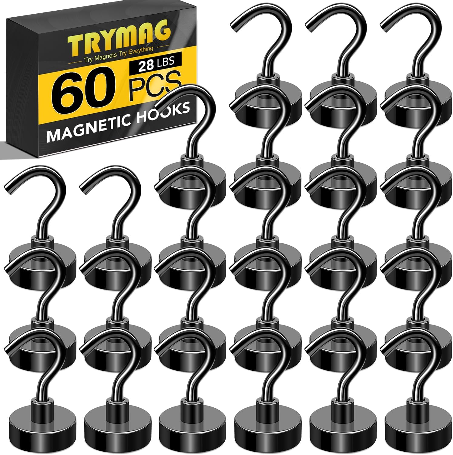 Amazon.com: TRYMAG 60Pcs Heavy Duty Black Magnetic Hooks, 28Lbs+ Small ...