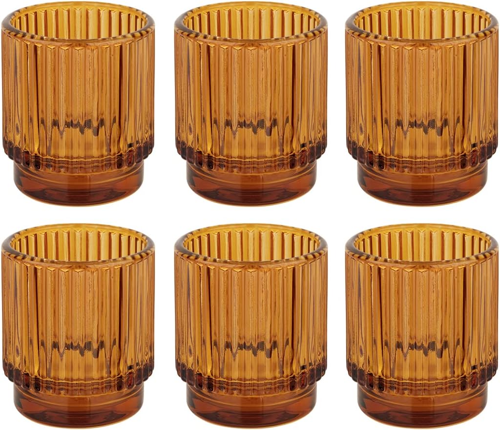 Amazon.com: Vintage Amber Glass Tealight Holders, Set of 3, Ribbed ...